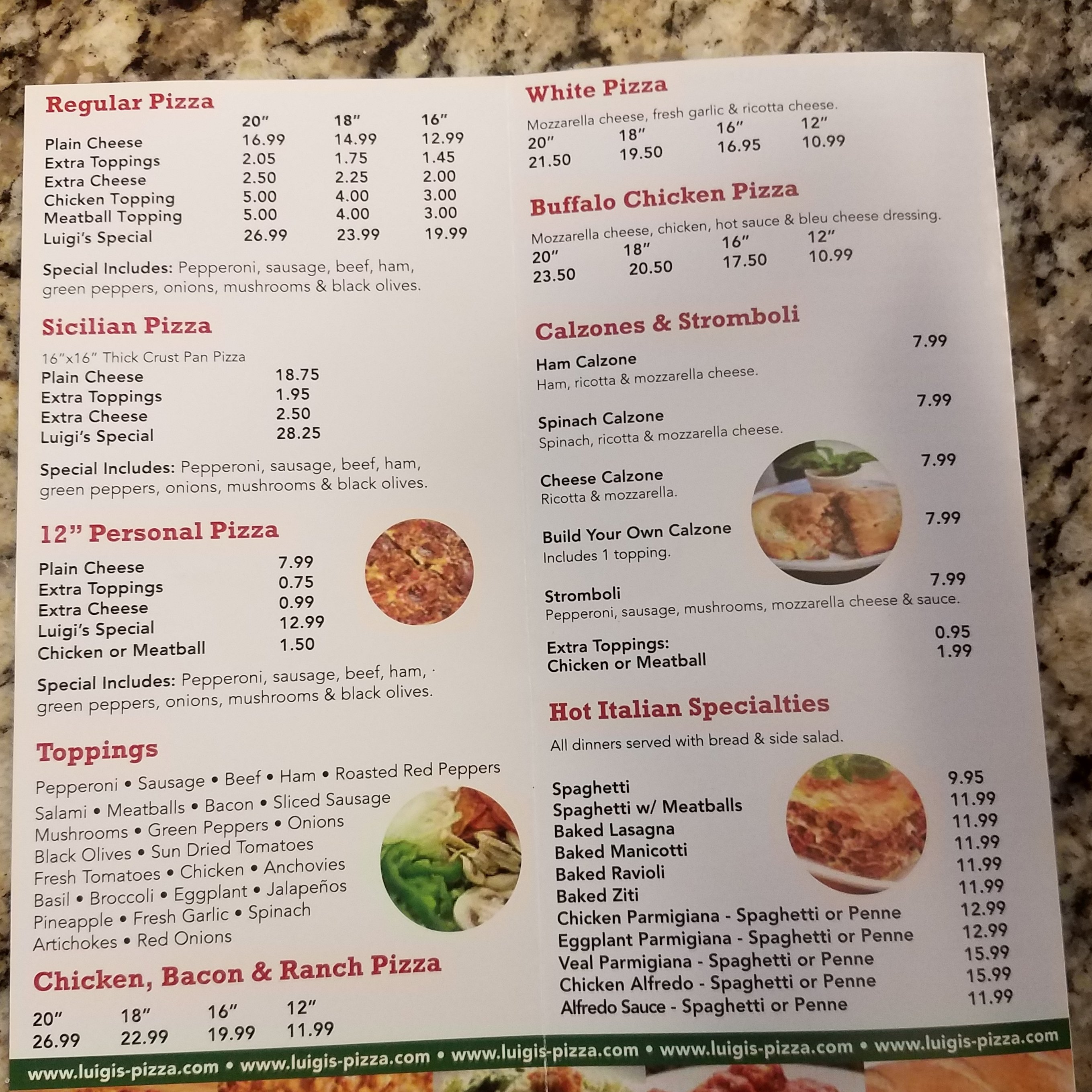 Luigi's pizza menu store