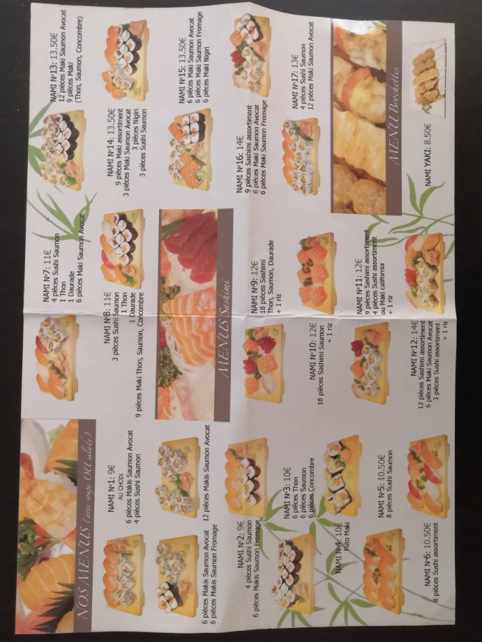 Sushi nami menu store