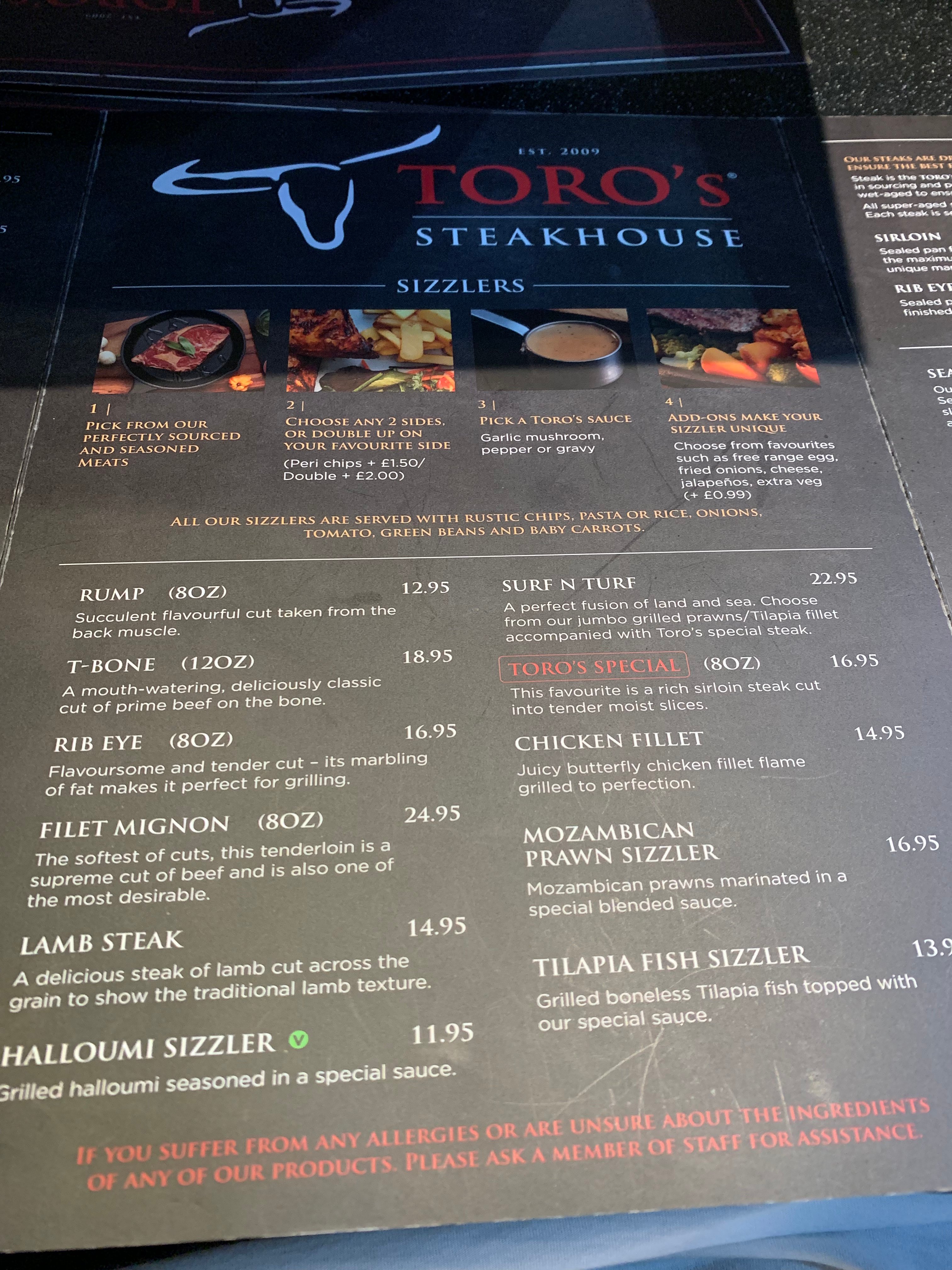 Toros steakhouse menu store