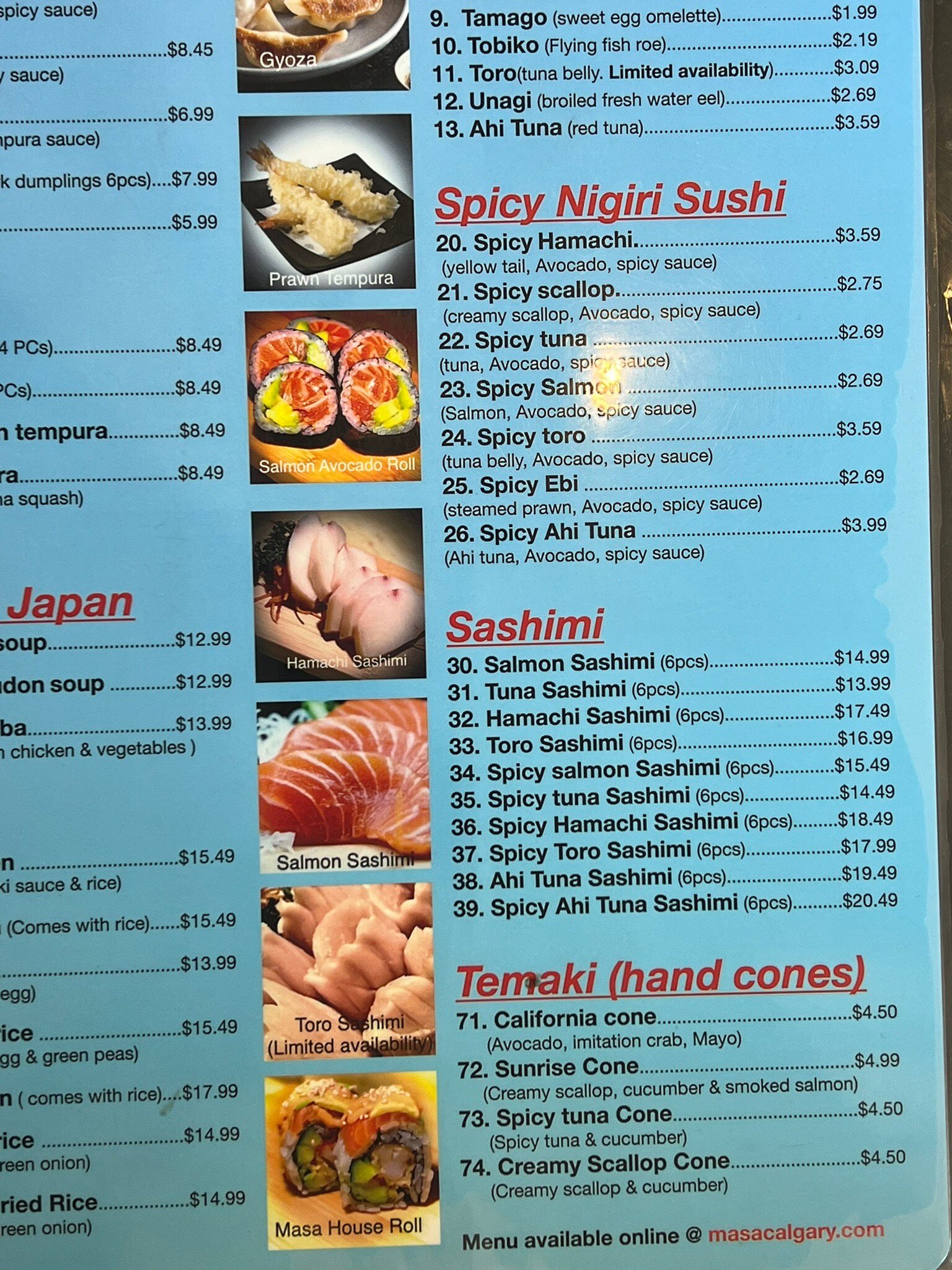 Masa sushi menu store